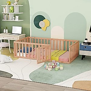 LZ LEISURE ZONE Twin Size Platform Bed with Fence, Solid Wood Floor Bed Frame with Door, Twin Size Daybed Fram, Natural