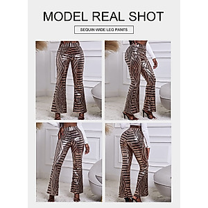 BLENCOT Bell Bottoms for Women High Waisted Wide Leg Palazzo Pants Bling Sequin Flared Trousers Brown XL