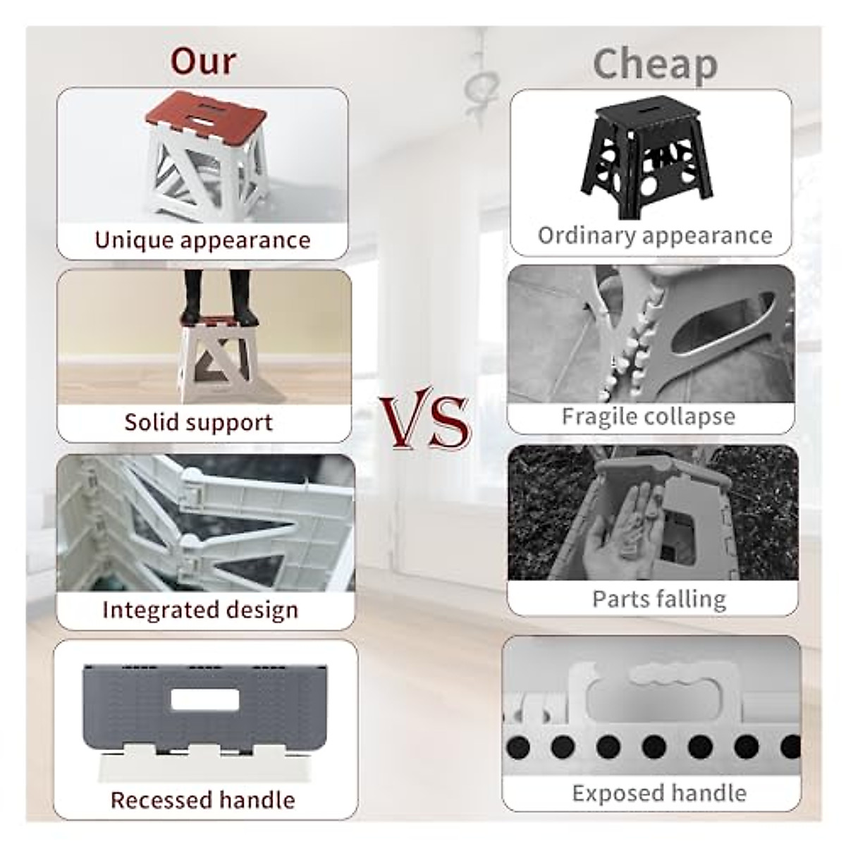 BLACKSPACE 9" Folding Step Stool for Kids or Adults, 300 lbs Capacity Non-Slip Compact Plastic Foldable Step Stool with Handle, Portable Lightweight Small Stool for Home or Kitchen(Khaki)