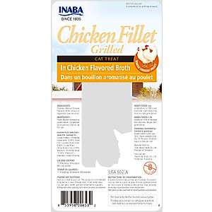 INABA Natural, Premium Hand-Cut Grilled Chicken Fillet Cat Treats/Topper/Complement with Vitamin E and Green Tea Extract, 0.9 Ounces Each, Pack of 6, Chicken Broth