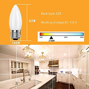 Jacqings E26 LED Candelabra,4W Vintage 40 Watt Equivalent Edison Style, C32 Frosted Glass Flame Shape,2700K Warm Soft White 400LM,Dimmable LED Candle Bulbs Ceiling Fan Bulb (10)