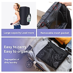 WOOHA 95L Backpack Travel Laundry Bag with Shoulder Straps and Mesh - Durable Polyester Laundry Hampers for Travel, Apartments, Laundromats and Universities (Black)