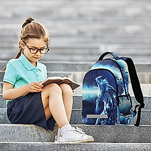 Angry Dragon School Backpacks with Chest Strap for Teens Boys Girls,Lightweight Student Bookbags 17 Inch, Blue Casual Daypack Schoolbags