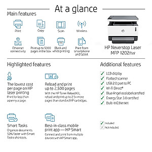 HP Neverstop Laser MFP 1202w Wireless Monochrome All-in-One Printer with cartridge-free toner tank, comes with up to 5,000 pages of toner in the box (5HG92A)