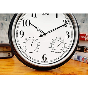 Rsobl 16 Inch Large Indoor Outdoor Wall Clock,Waterproof Non-Ticking Clock with Thermometer and Hygrometer Combo,Battery Operated Clock Wall Decorative- Silver