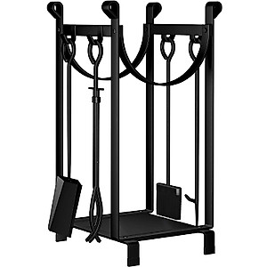 AMAGABELI GARDEN & HOME Firewood Rack Outdoor Indoor Heavy Duty Fireplace Tool Rack Firewood Holder Outdoor Wood Rack With 4 Pcs Tools Wrought Iron Wood Storage Log racks For Wood Stove Black