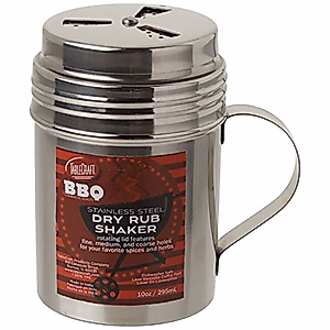 Tablecraft, 10 oz, Silver Stainless Steel Dry Rub Shaker with Handle, 10-Ounce