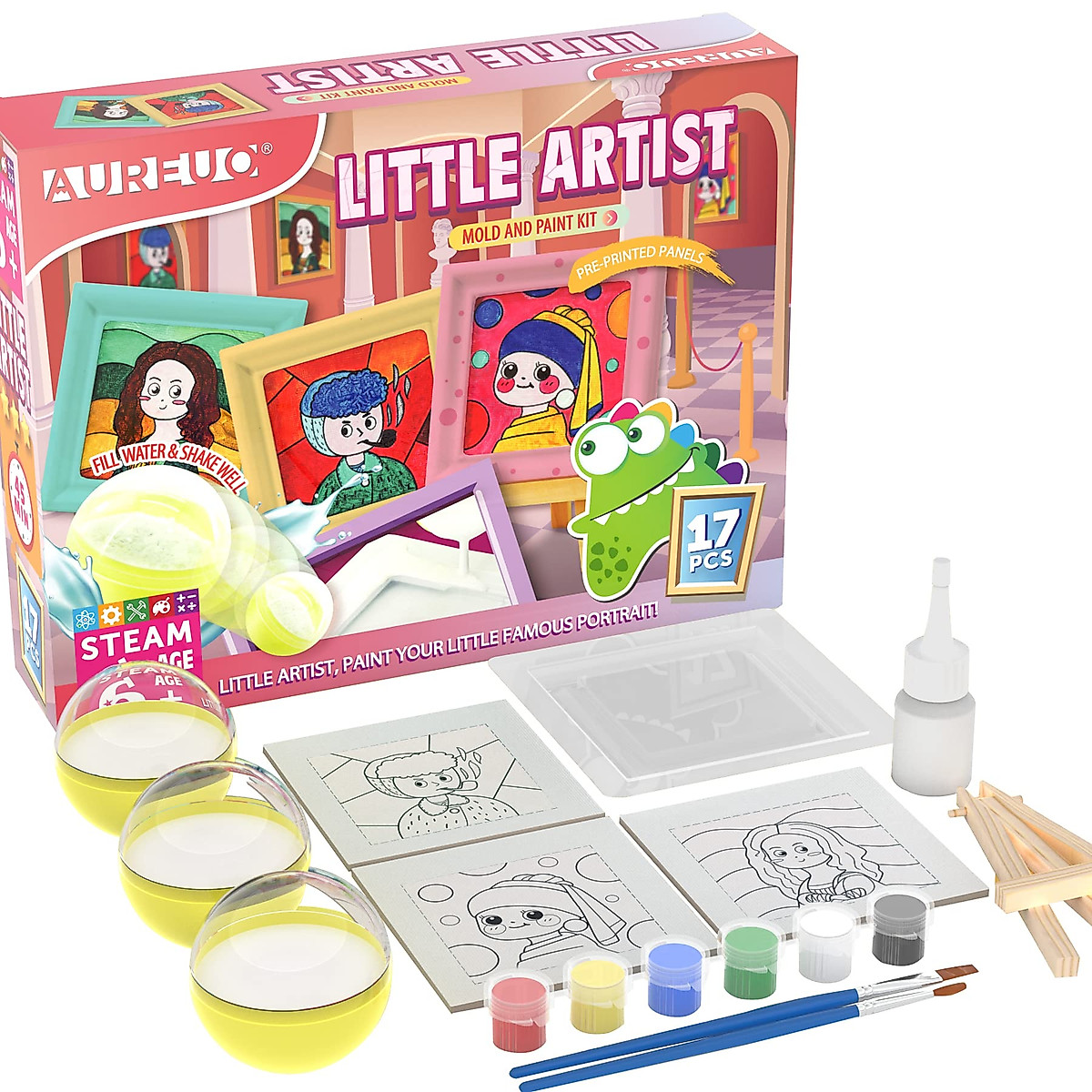 AUREUO Ceramic Mold Painting Kit for Kids - Little Artist - Arts & Crafts DIY Plaster to Paint, 3 Predrawn Mini Canvas & Easel, Acrylic Paint Set & Brush Toy Gift