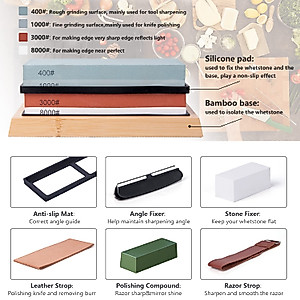 SD.TIANPENG Whetstone Knife Sharpening Stone Kit 400/1000＆3000/8000 Grit 2 Side Professional Knife Sharpener Waterstone Set with Leather Strop, Polishing Compound, NonSlip Bamboo Base, Angle Guide