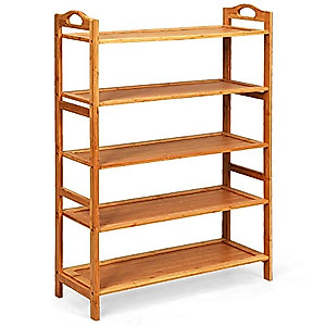 Giantex Bamboo Shoe Rack 5 Tier, Freestanding Shoe Rack with Two Rounded Handle for 15 Pairs, Entryway Standing Shoe Storage Organizer for Kitchen, Living Room, Entryway (5-Tier)