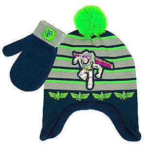 Disney Toy Story Buzz Lightyear Toddler Winter Hat and Snow Gloves for Boys 2 Pc. Set, Soft Mittens with Warm Pom-Pom Beanie