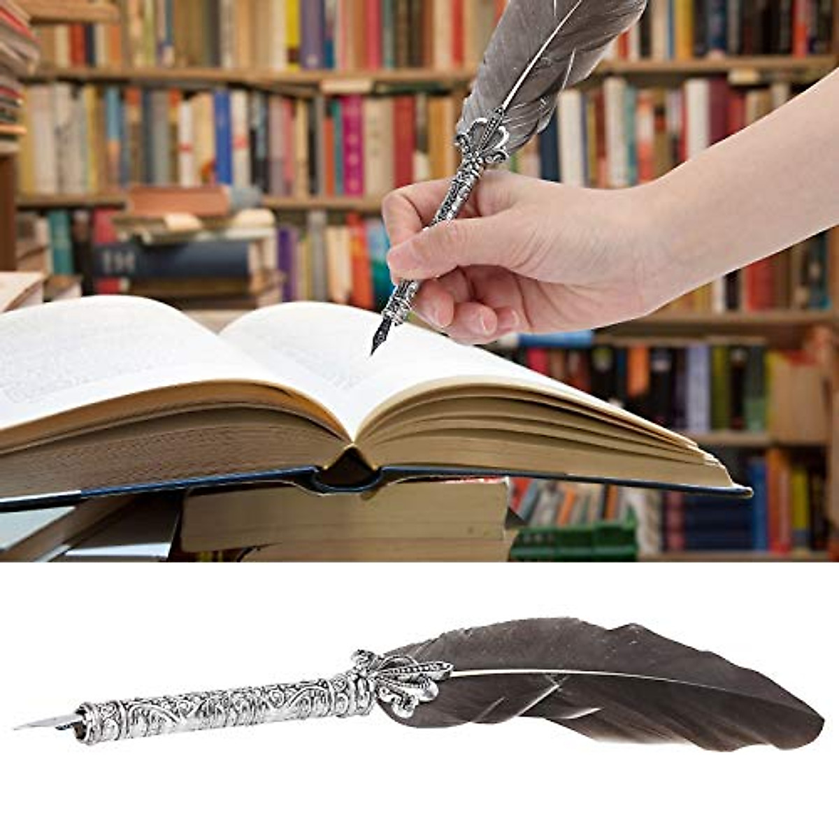 Quill Pen with Carving,Vintage Feather Calligraphy Pen Ink Set with 5 Pen Tip Replacement,Ink Bottle,Handcrafted Feather Pen Gift Box(Grey)
