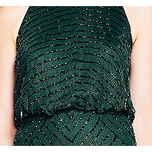 Adrianna Papell Womens Art Deco Beaded Blouson Dress with Halter Neckline, Dusty Emerald, 12
