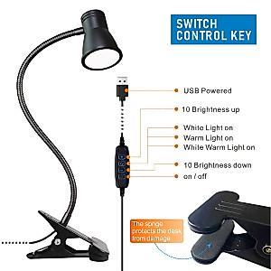 KNAMKY USB LED Desk Lamp Clip On Reading Light, 3 Light Mode 10 Dimmable Brightness Levels Book Light for Dorm Bed Headboard, Adjustable Flexible Neck Clamp Light, Perfect for Working Studying