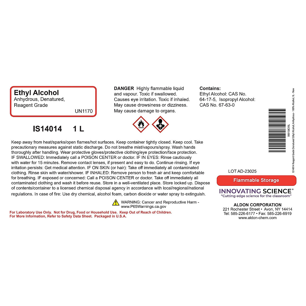 ALDON Innovating Science Reagent Grade Denatured Ethyl Alcohol, Anhydrous - 100% Alcohol, 1L - Denatured with Isopropyl Alcohol & Methanol The Curated Chemical Collection - Not for Use on Body or Skin