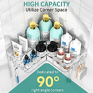 Moforoco Corner Shower Caddy - 3 Pack Shower Organizer with Soap Holder and 12 Hooks, Adhesive Shelves Rustproof for Bathroom, Silver