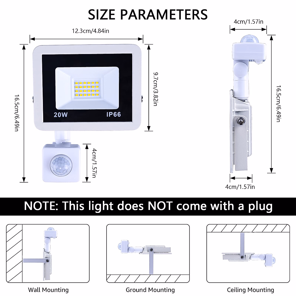 MIWAT 20W Plug in LED Motion Sensor Flood Light, PIR Induction Lamp, Dusk to Dawn Outdoor Auto ON/Off, 6500K Security Spot Daylight, IP66 Rainproof Work Light for Garage Yard Patio Porch Doorway Wall
