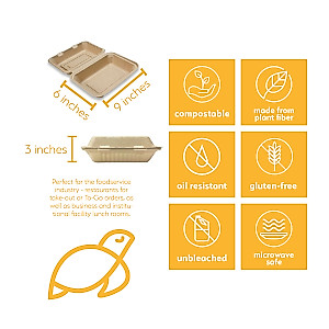 100% Compostable Disposable Food Containers with Lids [9”X6” 500 Pack] Eco-Friendly Take-Out TO-GO Containers, Heavy-Duty, Biodegradable, Unbleached by Earth's Natural Alternative