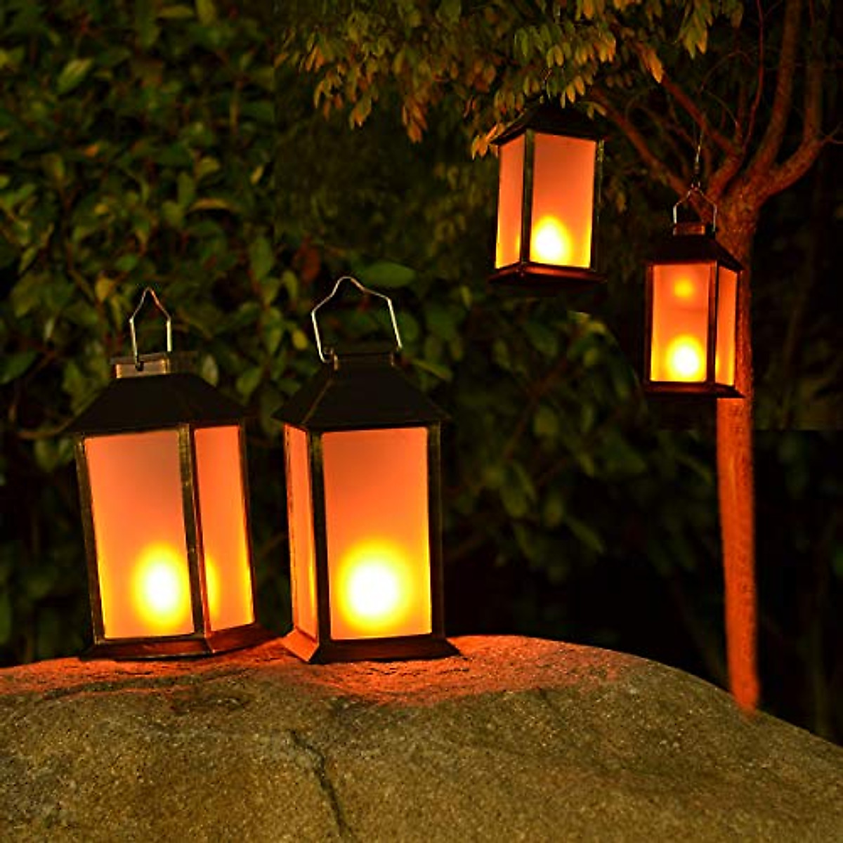 13" Vintage Style Solar Powered Flame Effect (Metallic Coating Black,Plastic),Garden Light Vivid Fire Effect,Outdoor Solar Hanging Lantern,Decorative Candle Lanterns ZKEE (Set of 2)