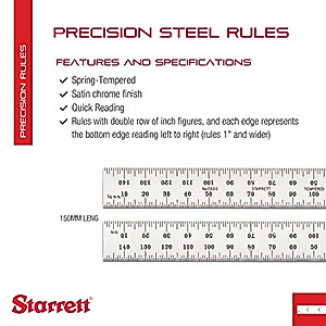 Starrett Spring Tempered Steel Rule with Satin Chrome Finish, Quick Reading and Millimeter Graduations - 150mm Length, 35 Graduation Type, 1.2mm Thickness - C635-150