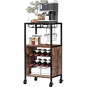 SZLHANJZ Wine Cart, Small Liquor Cart with Glass Holder, Rolling Side Table for Beverage Serving, Wood and Metal Bar Cart with Wine Rack for Home Bar, Kitchen, Living Room, Rustic Brown