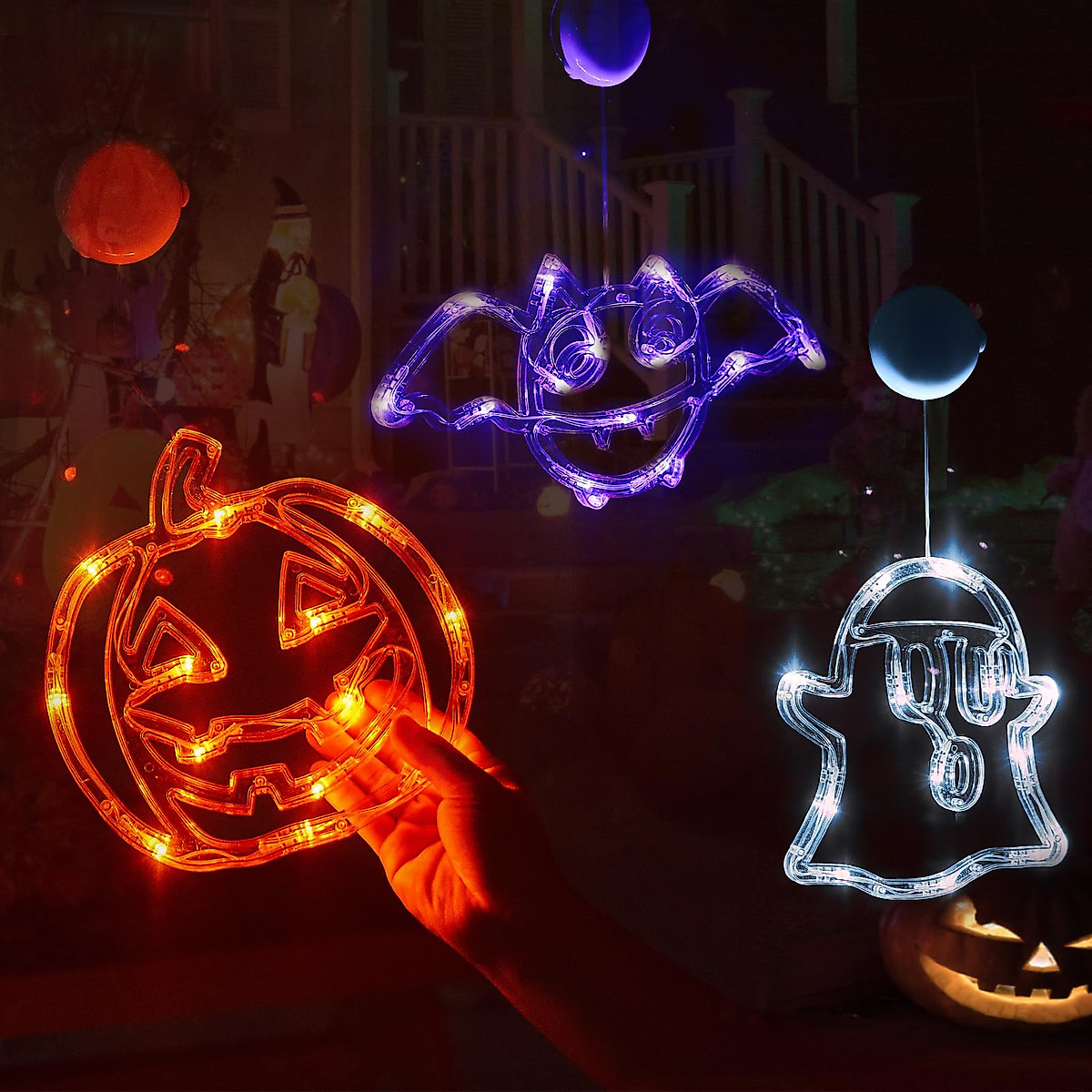 PISKEKAT Halloween Decorations, 3 Pack Orange Pumpkin, White Ghost, Purple Bat Halloween Window Lights with Suction Cup & Hooks, Battery Operated Indoor Lights for Halloween Window Decorations