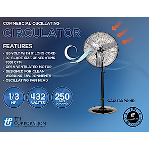 TPI Corporation CACU30-PO-HD Commercial Heavy Duty Oscillating Fan, Unassembled w/Pedestal Kit, 30" Blade Diameter, 3 Speed 1/3 HP Motor, 9' Cordset, Black