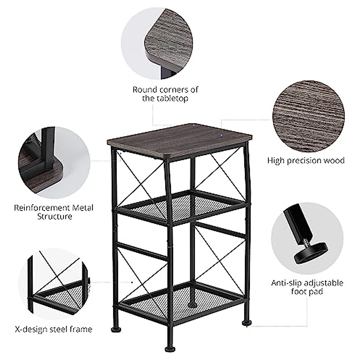 ruboka 3-Tier Small End Tables,Narrow Side Table with Steel Grid Storage Shelves,Slim Nightstand X-Design Sofa Side Table Small Bookshelf Bookcase,Display Rack for Living Room,Bedroom (Grey)