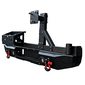 TIOYAR Textured Black Rear Bumper Compatible with Toyota 2016-2023 Tacoma 3rd w/Spare Tire Holder & Spare Fuel Drum Holder & 4 LED Lights & D-Ring+Sensor Mounting Holes