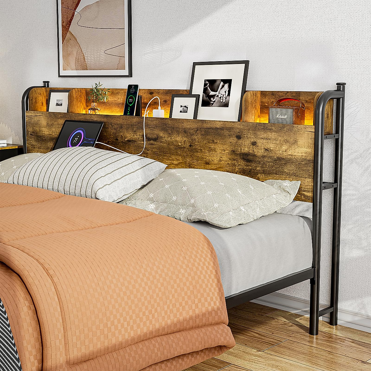 IKIFLY King Size Storage Headboard with Charging Station & LED Lights, Headboard for King Size Bed Frame, Industrial King Headboard Only with Storage for Bedroom, Attach Frame, Rustic Brown