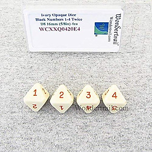 Wondertrail Ivory Opaque Dice with Red Numbers D8 No. 1-4 Twice 16mm (5/8in) Pack of 4