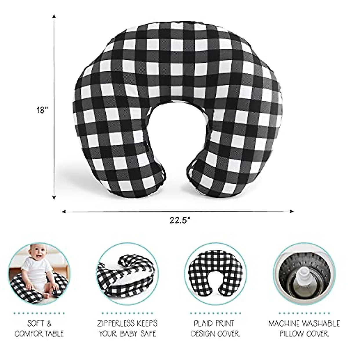 The Peanutshell Black & White Buffalo Plaid Nursing Pillow for Breastfeeding | Pillow & Nursing Pillow Cover for Baby Boys or Girls