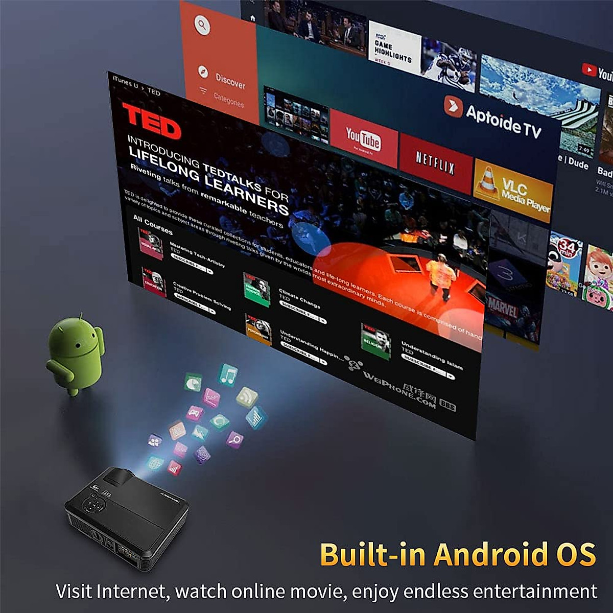 [-$151] 1080P Projector with WiFi Bluetooth, HD Outdoor Movie Projector Android OS 7500Lm Home Theater Support 4D Keystone/Zoom/200” Display Compatible with Phone/PC/Fire Stick/DVD/PS5/HDMI/USB