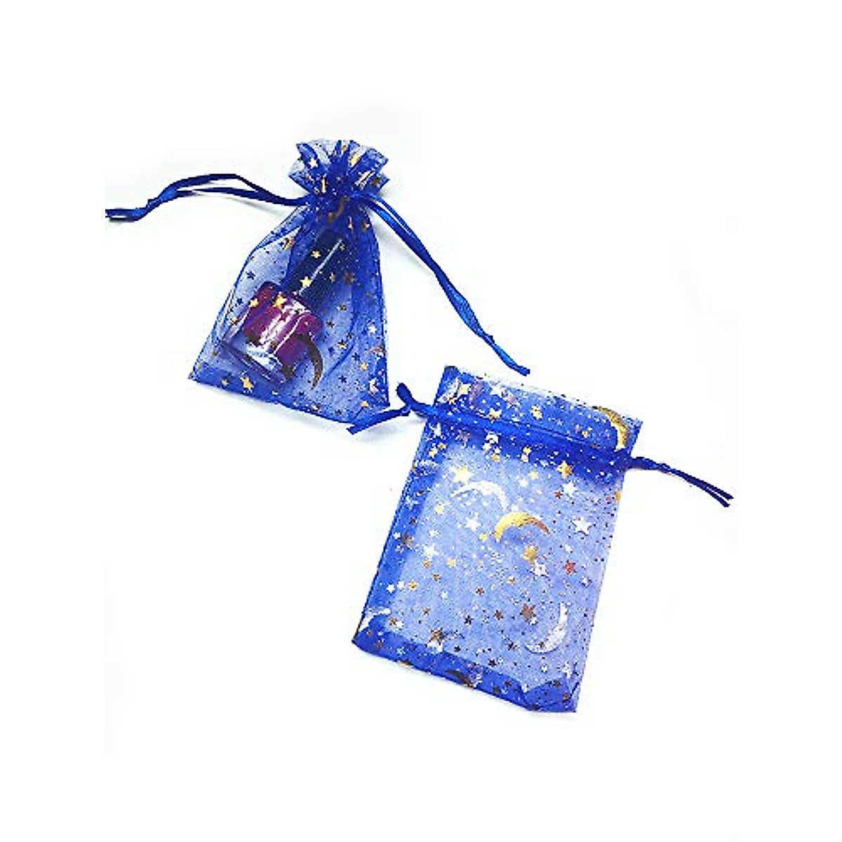 COTOSEY 100PCS Stars and Moon Organza Drawstring Pouches Jewelry Party Wedding Favor Gift Bags (3X4 Navy Blue)