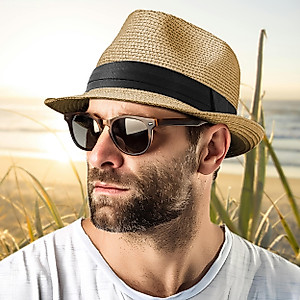 Straw Fedora Hat Short Brim Packable Roll Up Trilby Hat Classic Adjustable Panama Summer Beach Sun Hat UPF 50+ (L/XL, Brown)