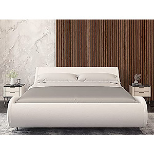 Modern King Upholstered Platform Bed Frame,Low Profile Bed Frames with Ergonomics Headboard, Faux Leather Bed/No Box Spring Needed/Easy Assembly,White