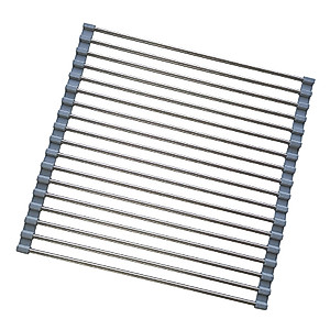 Roll Up Dish Drying Rack 14.5”(L) x 14”(W) Stainless Steel and Silicone Dish Drying Mat Over The Kitchen Sink Foldable Drain Rack Multipurpose Dish Drainer Fruits and Vegetable Rinser (Gray)