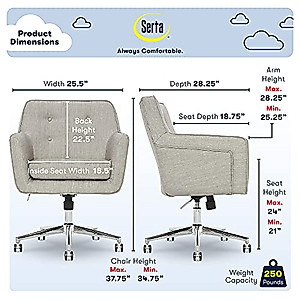 Serta Ashland Ergonomic Home Office Chair with Memory Foam Cushioning Chrome-Finished Stainless Steel Base, 360-Degree Mobility, Light Gray Fabric