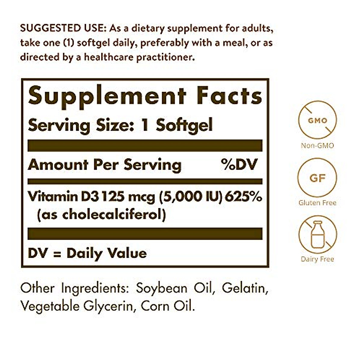 Solgar Vitamin D3 (Cholecalciferol) 125 MCG (5000 IU), 100 Softgels - Helps Maintain Healthy Bones & Teeth - Immune System Support - Non GMO, Gluten Free, Dairy Free - 100 Servings