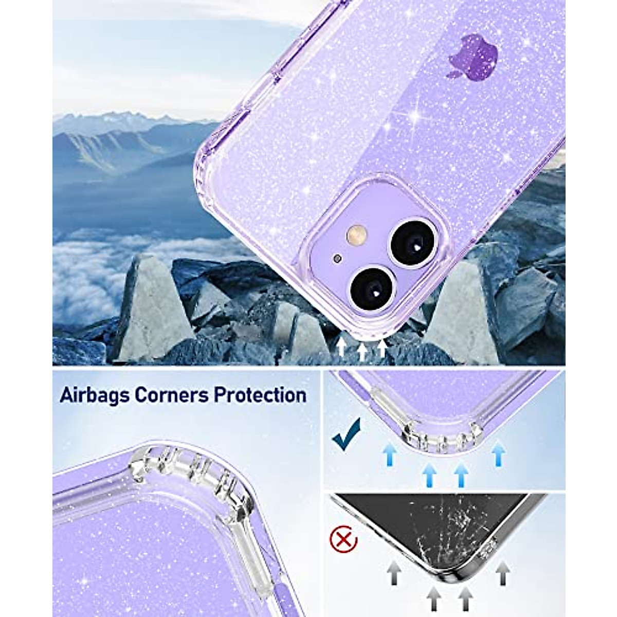 MIODIK for iPhone 12 Case and iPhone 12 Pro Case with Phone Stand, [Not Yellowing] Clear Glitter Shockproof Protective Phone Case, [Non-Slip] Slim Cover for Women Girls 6.1 Inch - Sparkle Clear