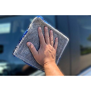 [Amphibian Mini] Dual Side Glass Cleaning Microfiber Towel - One Side Twist, One Side Plush - 8"x8" (Blue/Gray) 3 Pack