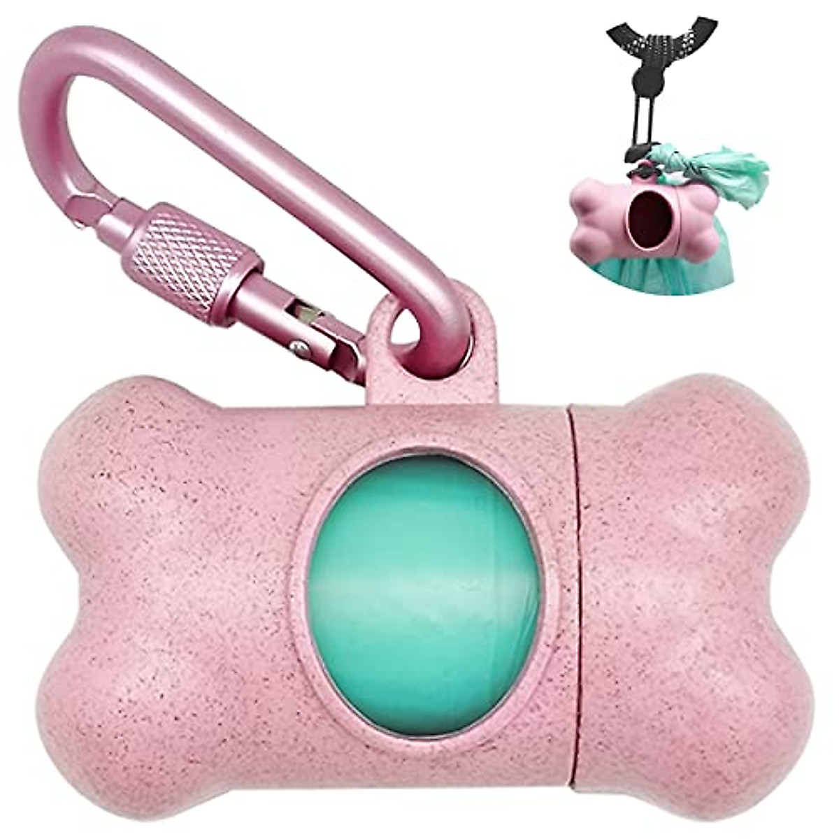 Dog Poop Pickup Bags Holder Dispenser with 1 Roll Random Color Leak-proof Scented Doggy Waste Bags and Carabiner with Safety Lock Plus Hook and Loop Fastener Never Loose on Leash Lead Again (Pink)