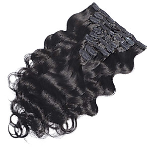 Kislemon Clip in Hair Extensions #1B Natural 10A Body Wave 100% Unprocessed Virgin Human Hair Cheap 8 Pieces/Lot 125g with 16 Clips(26 Inch)