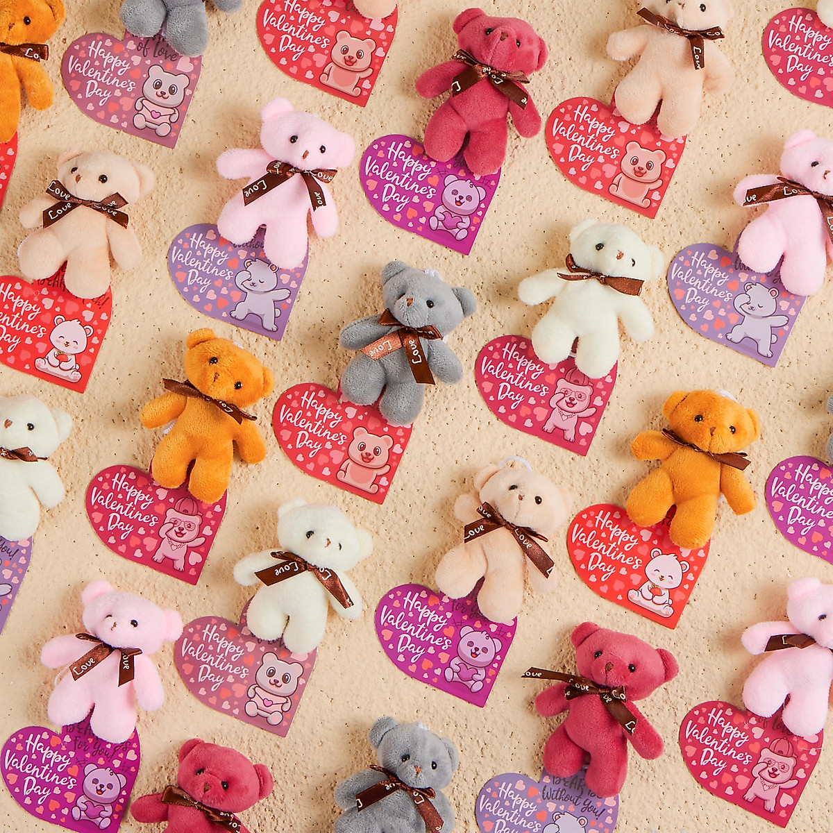 JOYIN 24 Packs Valentine's Day Heart Cards with Plush Toy Party Favors, Mini Stuffed Animal Plush Toys for Valentines Day Gifts, Kids Classroom School Exchange Prize (brown bear)