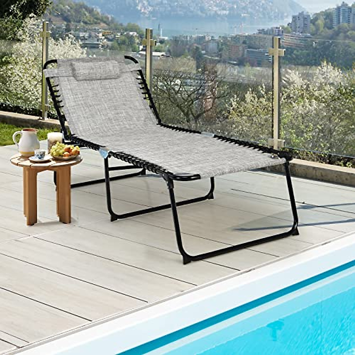 GYMAX Lounge Chair for Outside, 440lbs 27.5” Oversize Folding Beach Tanning Sunbath Chair with Adjustable Backrest & Removable Pillow, Lightweight Portable Patio Lounger for Lawn Poolside (1, Grey)