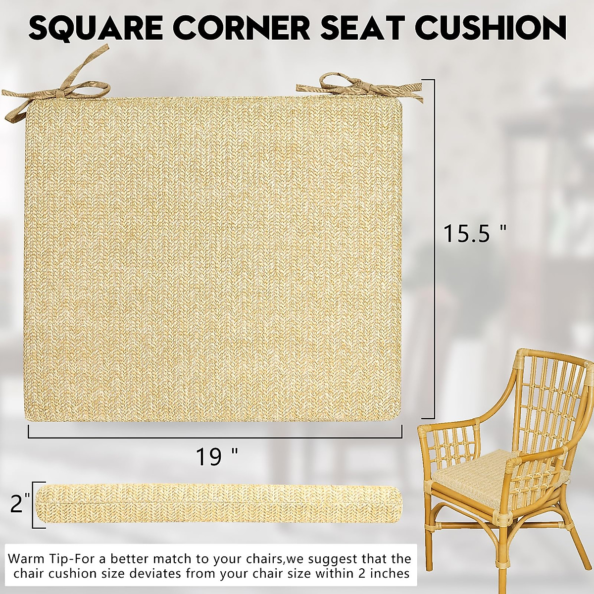 Outdoor Chair Cushions, 19x15.5 Inch Indoor Chair Pads with Ties Waterproof Seat Pads Fade Resistant Square Memory Foam Patio Chair Cushion for Garden Patio Furniture Chair Home Office Set of 2