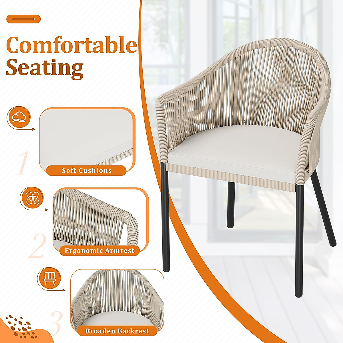 Devoko Patio Furniture Set 3 Pieces Rope Woven Bistro Set Outdoor Conversation Set with 2 Wide Chairs,Cushions and Tempered Glass Table for Balcony Porch Backyard Garden Poolside