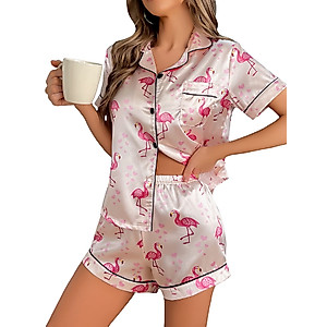 WDIRARA Women's Satin Heart Print Short Sleeve Button Down Flamingo Pajamas Shorts Set Light Pink Multi XL