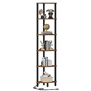 VIMBER 6-Tier Corner Shelf with LED Light, Industrial Corner Ladder Shelf, Rustic Display Shelf for Living Room, Bedroom, Kitchen, Home Office, Sturdy Frame, Rustic Brown and Black UJSJ002F
