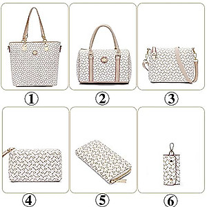 RainboSee Women 6 Pcs Handbag Tote Stitching Shoulder Bag PU Top Handle Hobo Satchel Purse Clutch Beige